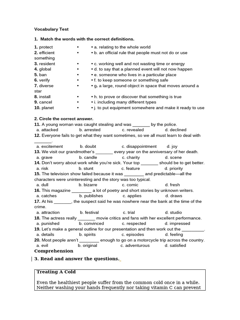 Vocabulary and Comprehension Test | PDF | Common Cold