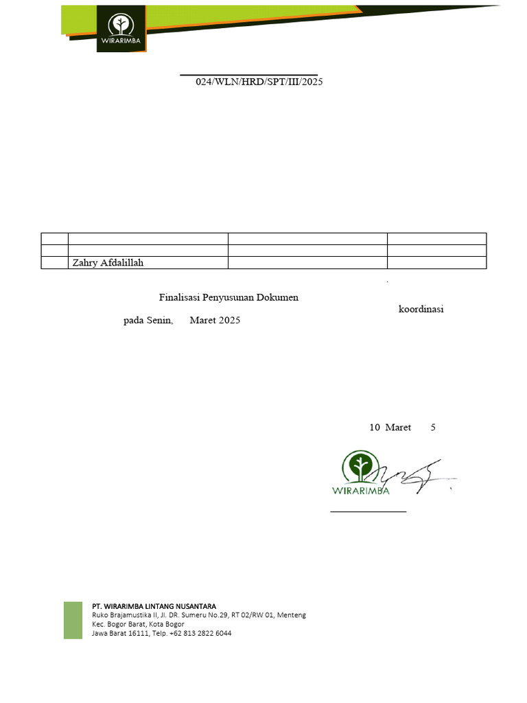 Surat Tugas PT Wirarimba Lintang Nusantara | PDF