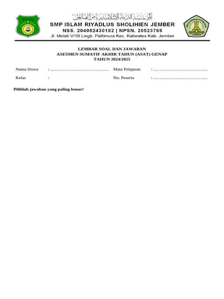 Kop Soal ASAT Dan ASAJ Kelas IX 2025 | PDF