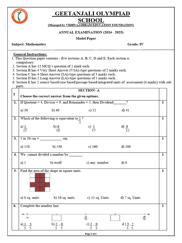 GRADE 4 Maths Model Paper | PDF | Arithmetic | Mathematics