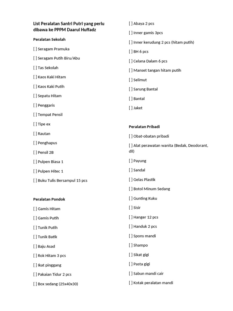 List Peralatan Santri yang perlu dibawa ke PPPM Daarul Huffadz | PDF