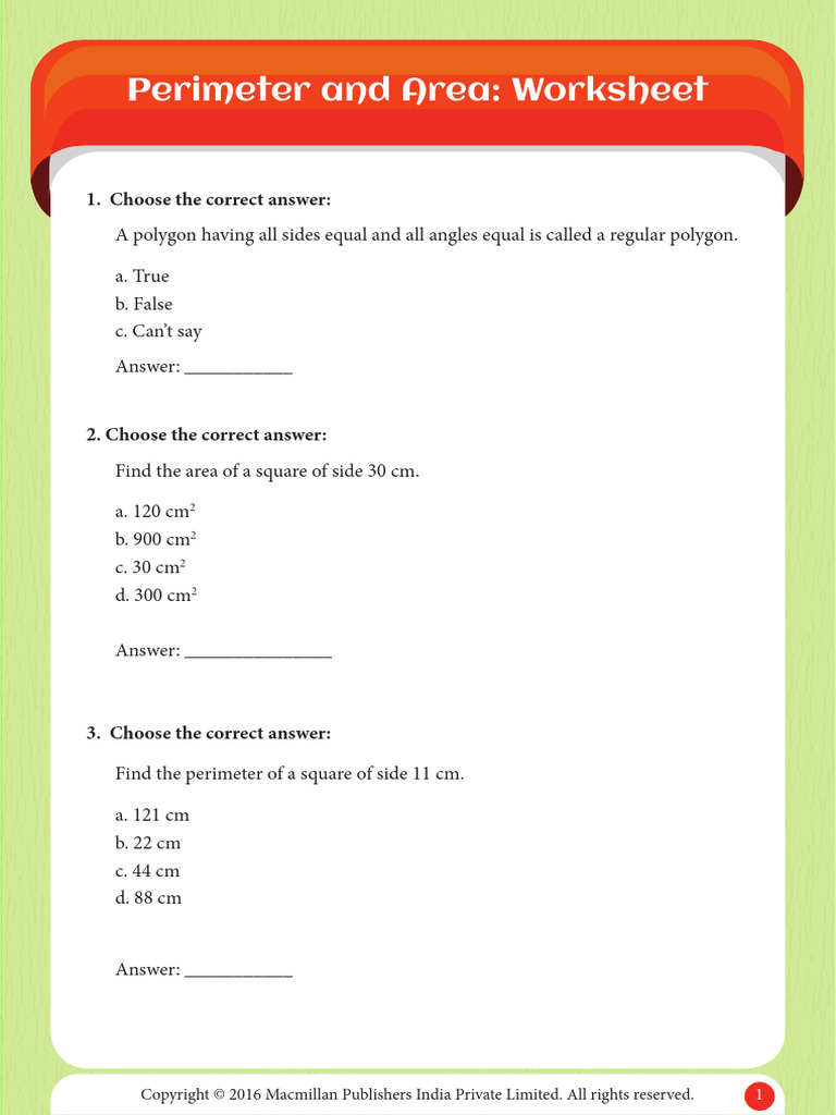 Perimeter and Area Worksheet | PDF | Area | Rectangle