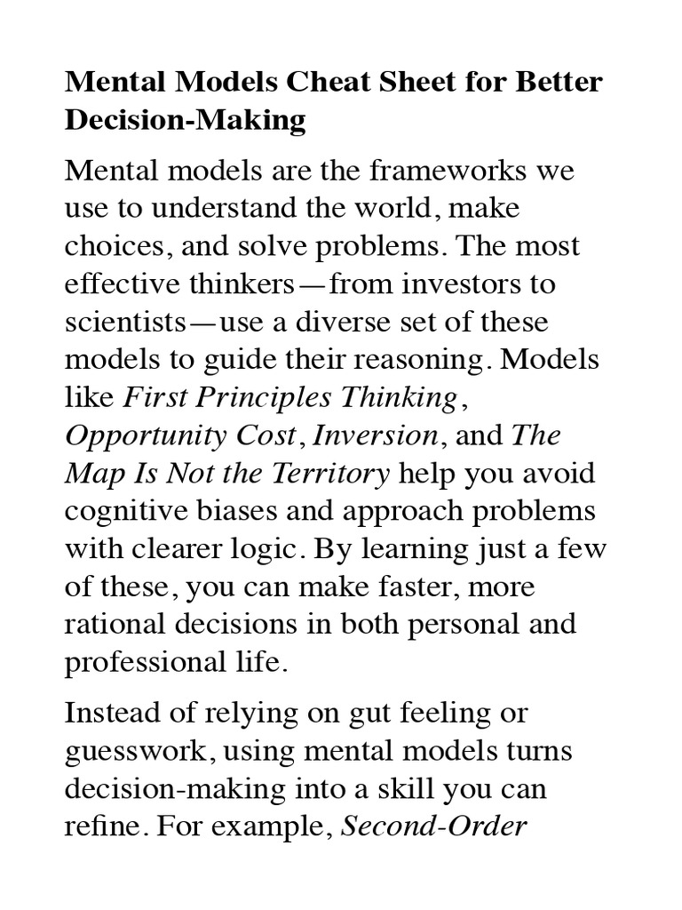 Mental Models Cheat Sheet For Better Decision-Making | PDF