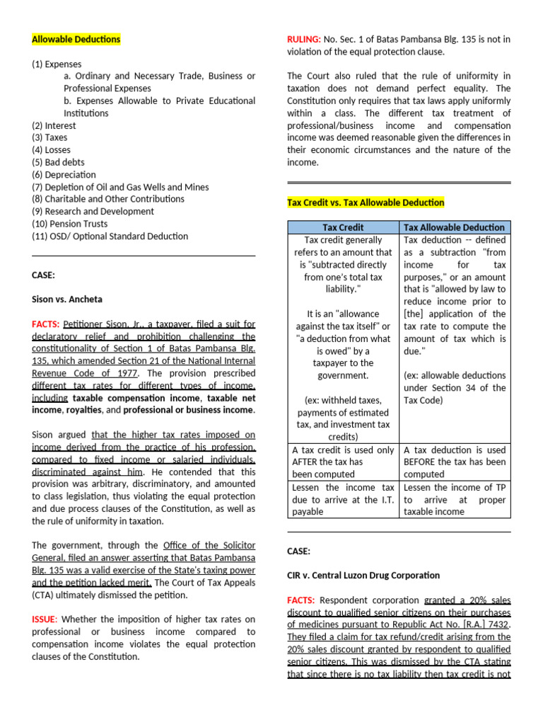 Allowable Deductions - Tax | PDF | Expense | Tax Deduction