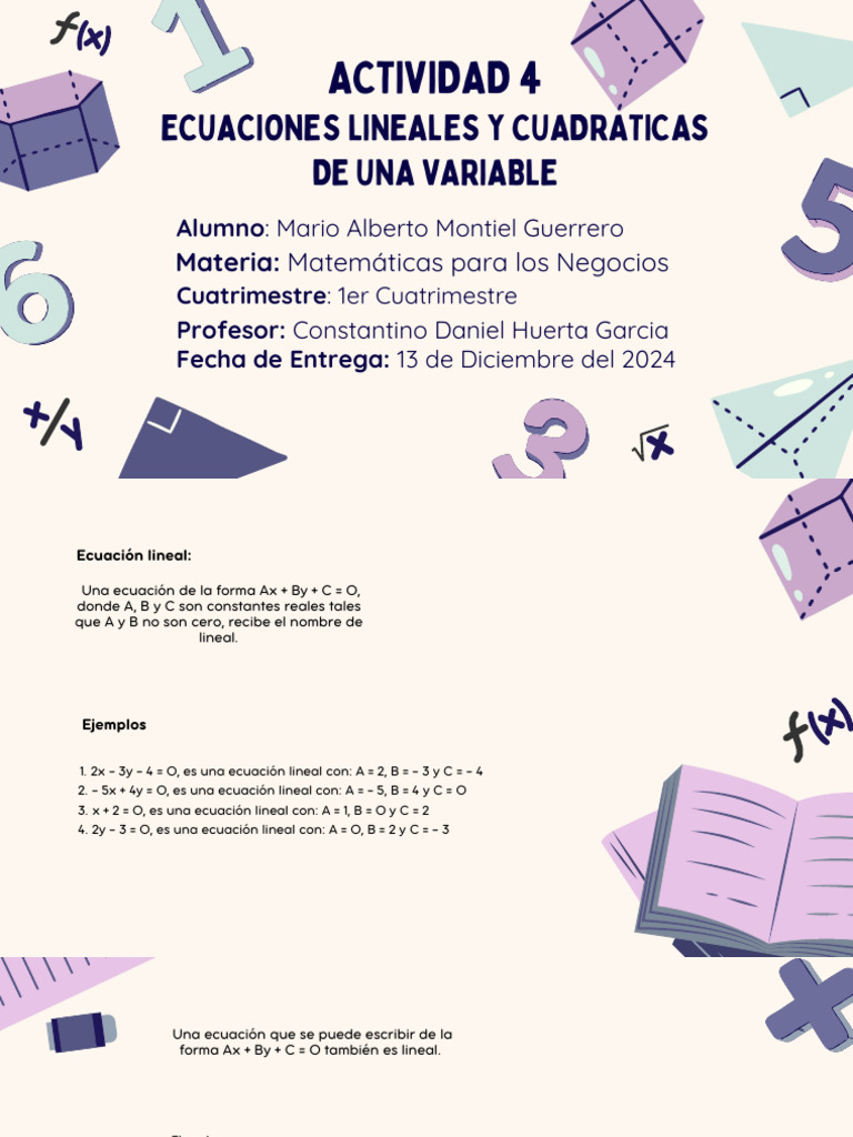 Presentacion Ecuaciones Lineales y Cuadraticas de Una Variable 2 | PDF | Ecuaciones | Ecuación ...