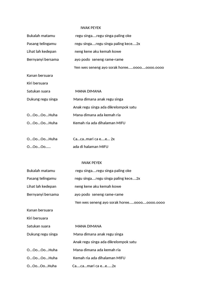 Lirik dan Yel-Yel Iwak Peyek Regu Singa | PDF