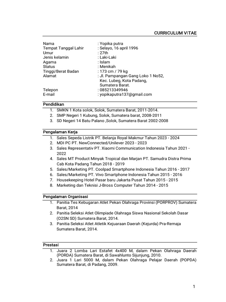 Curriculum Vitae Yopika Putra | PDF