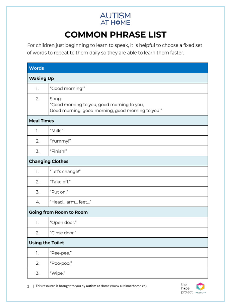 Autism at Home - Common Phrases | PDF