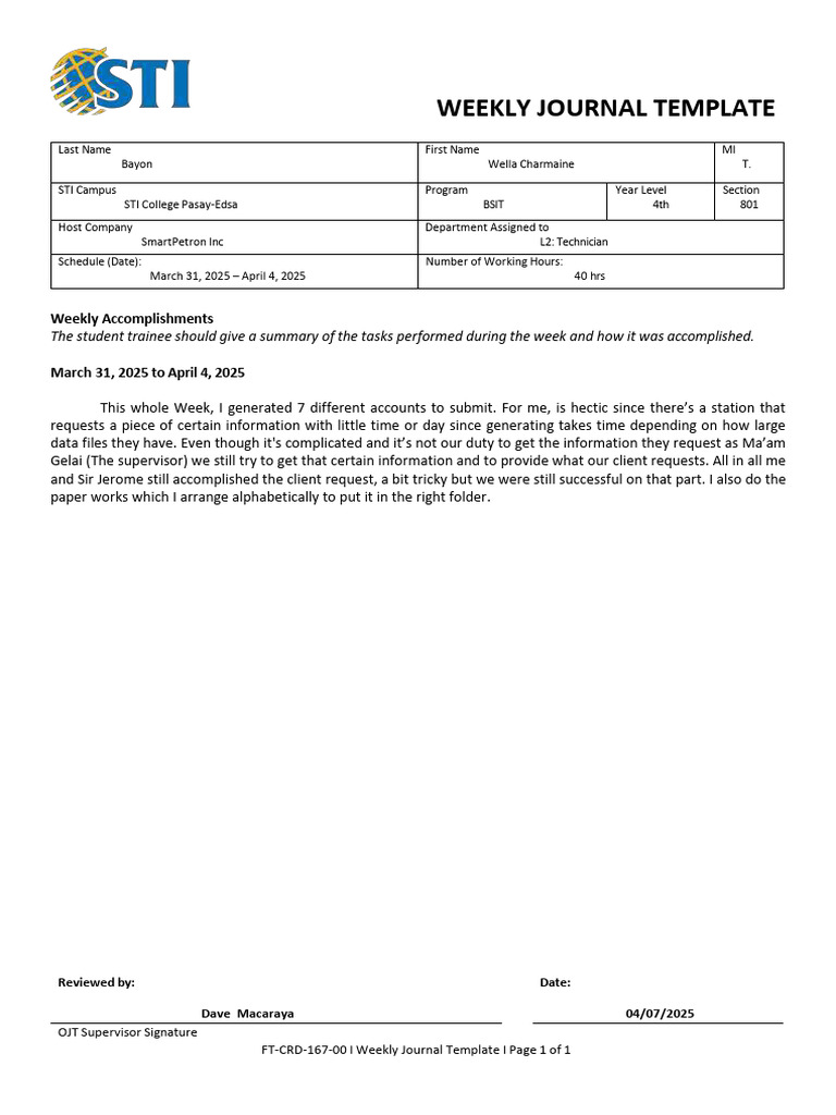 FT CRD 167 00 Weekly Journal Template WEEK8 | PDF