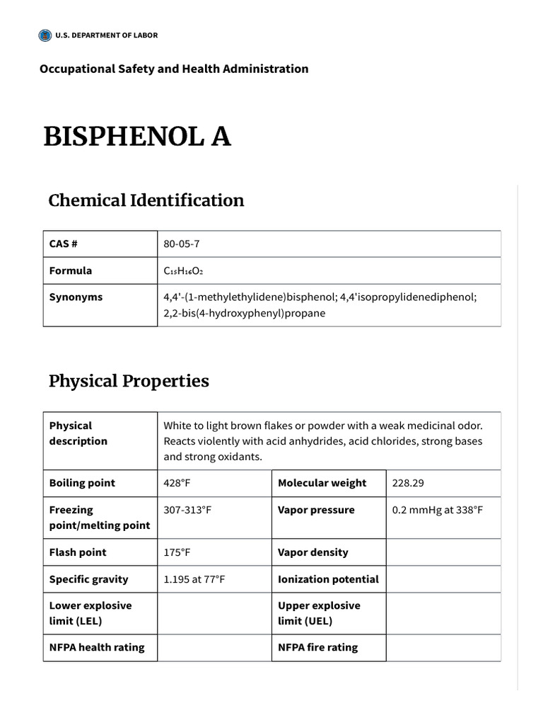 Bisphenol A Safety Data Sheet | PDF | Occupational Safety And Health ...