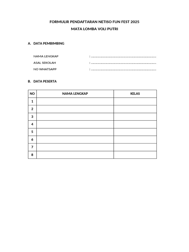 Formulir Pendaftaran Mata Lomba Bola Voli Putri | PDF