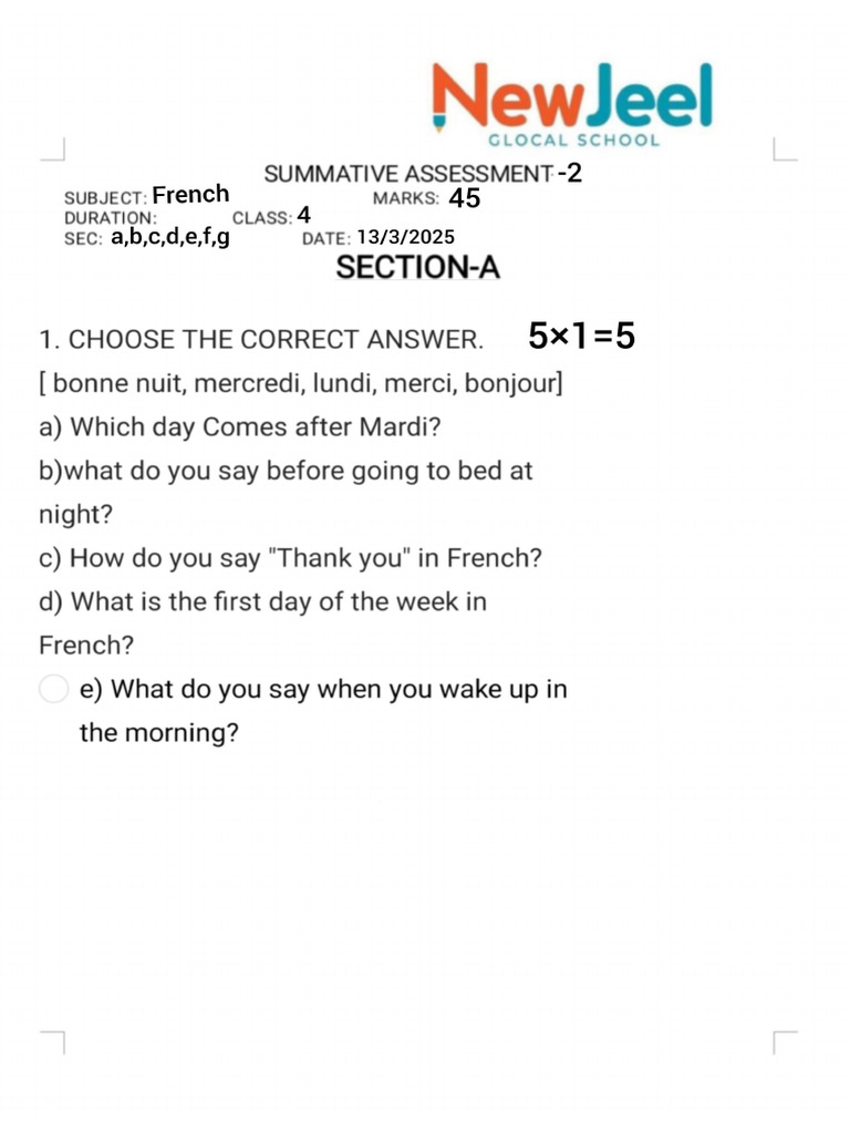 SA-2 4th French Question Paper | PDF