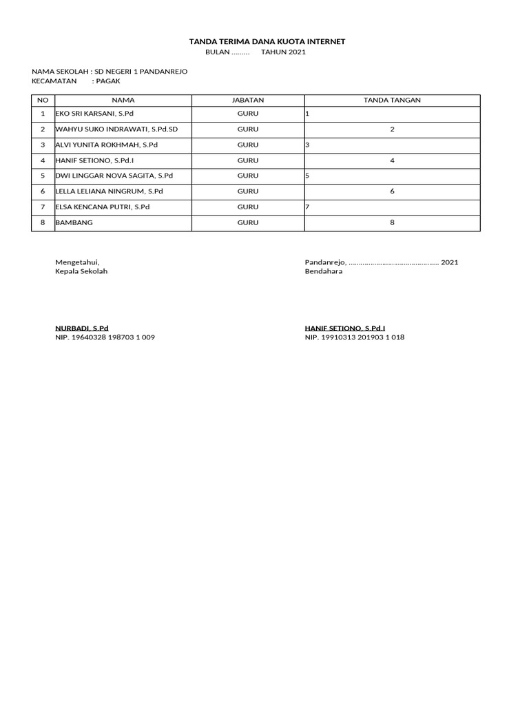 Tanda Terima Honor Kuota Internet | PDF