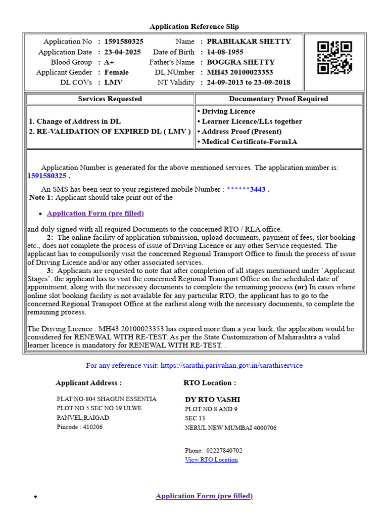 DL Renewal Application for Prabhakar Shetty | PDF | Driver's License ...
