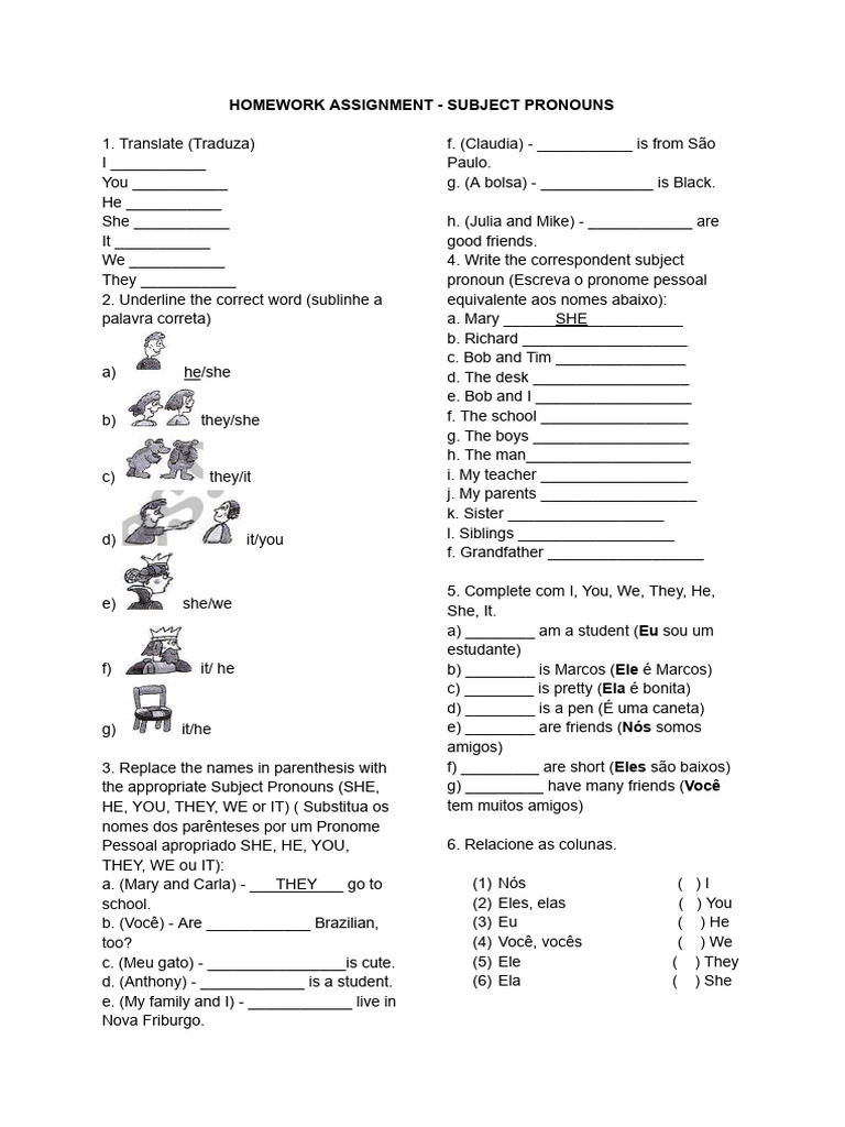 Subject Pronouns Homework Exercises | PDF