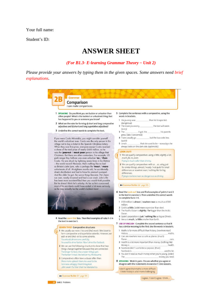 E-Learning Grammar Theory 2 (Answer Sheet) | PDF