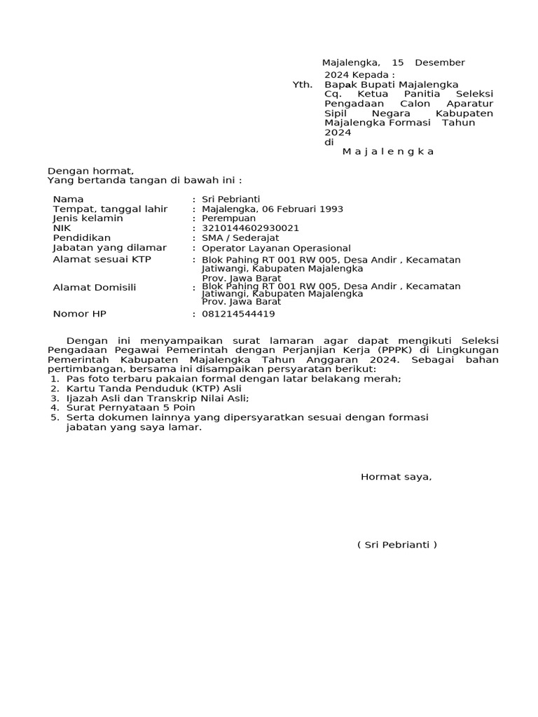 Contoh Format Surat Pppk | PDF