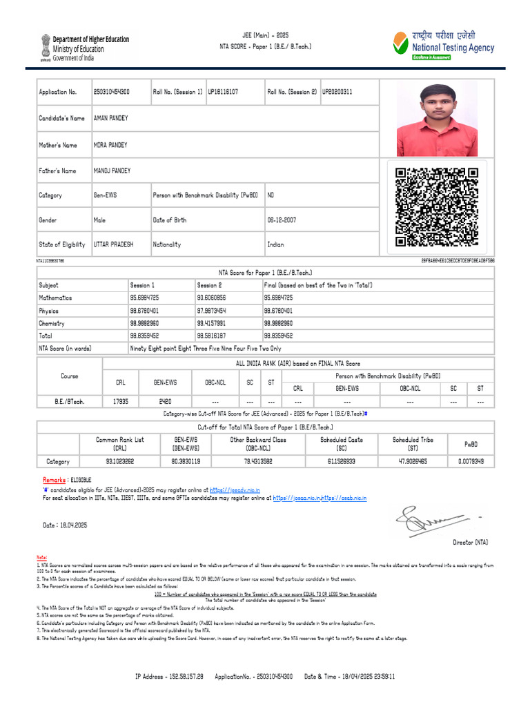 JEE Main 2025 Scorecard for Aman Pandey | PDF | Qualifications ...