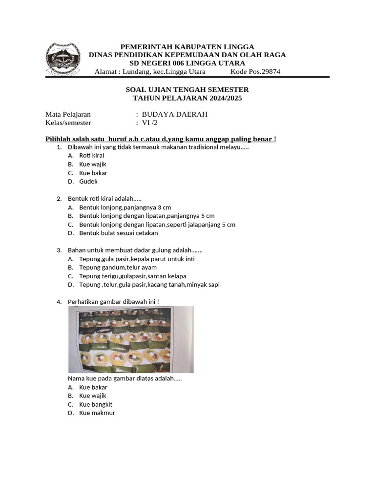 SOAL MID BUDAYA DAERAH KELAS 6 SEMESTER 2 | PDF