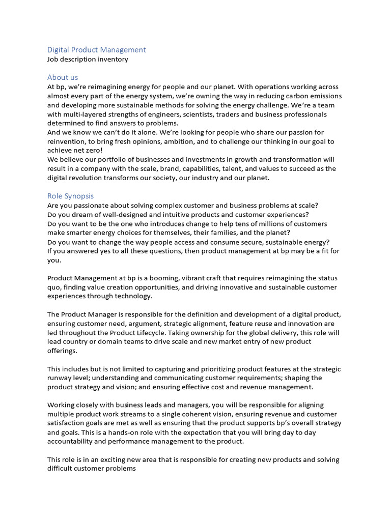 Digital Product Manager Job Description | PDF | Agile Software ...