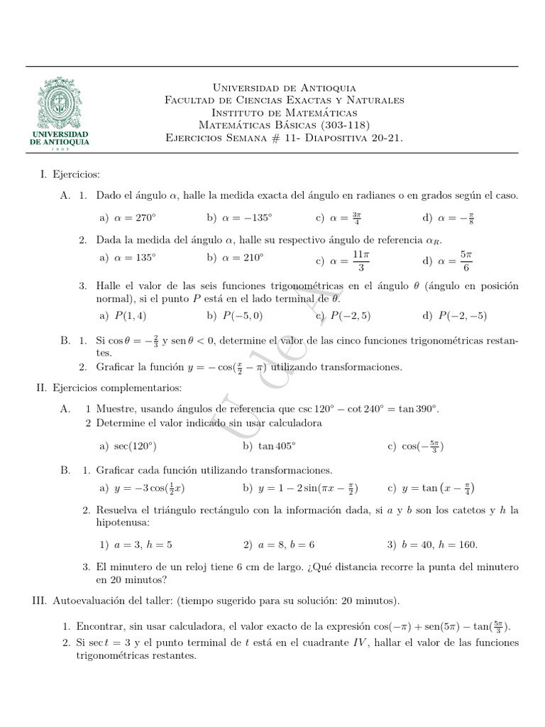 Ejercicios Semana11 (D20-21) | PDF | Trigonometría | Funciones trigonométricas