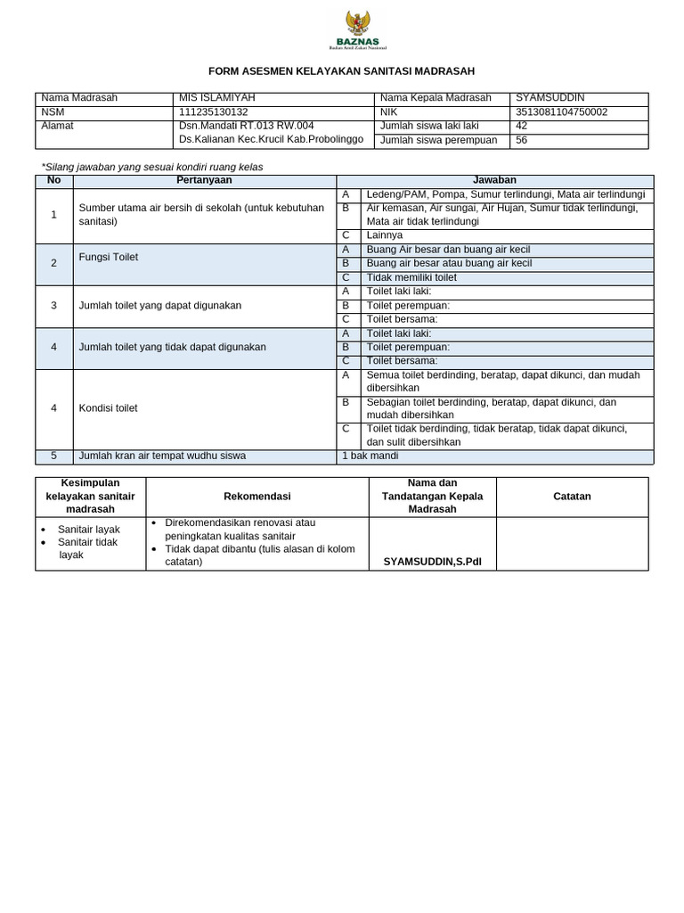 Form Asesmen Kelayakan Sanitasi | PDF