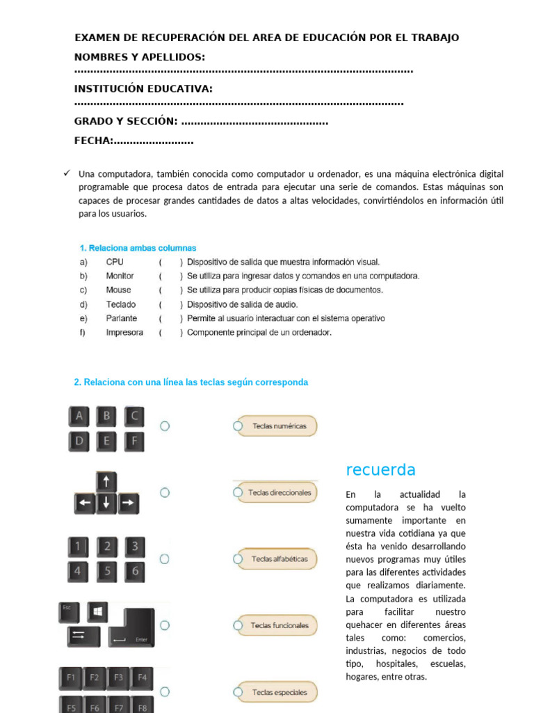Examen de Recuperación: Educación y Computación | PDF