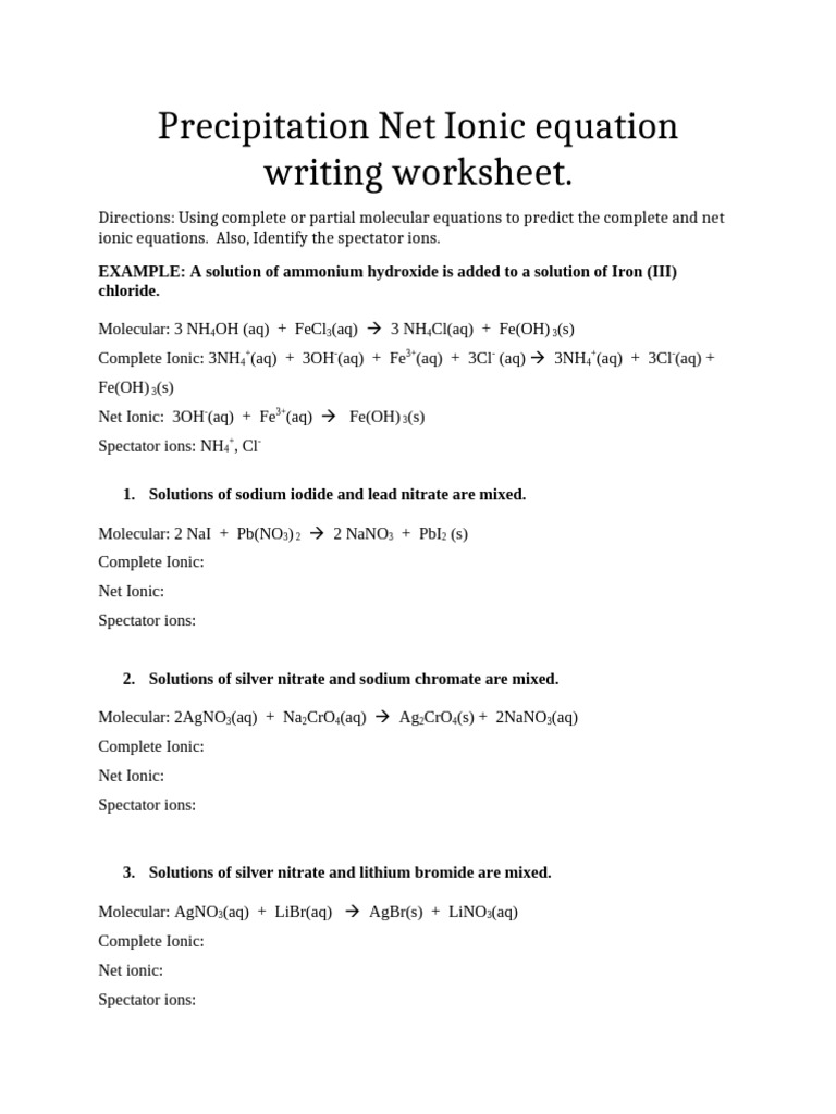Precipitation Net Ionic Equation Writing Worksheet | PDF | Hydroxide | Ion