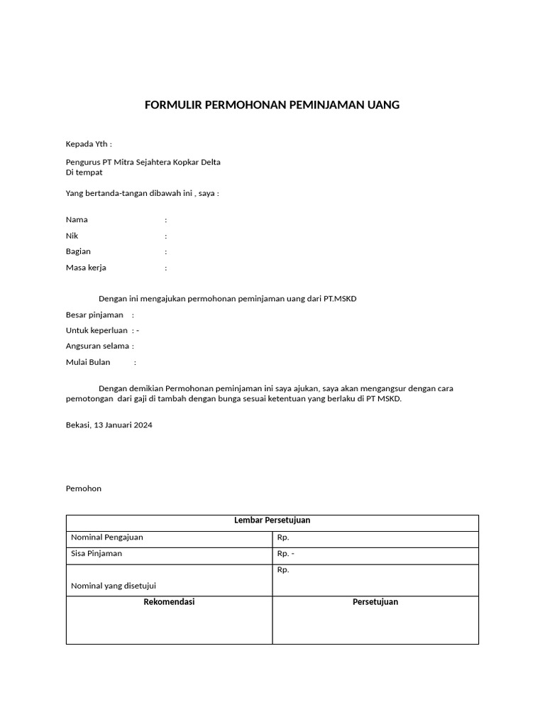 Formulir Permohonan Peminjaman Uang Pt Mskd | PDF