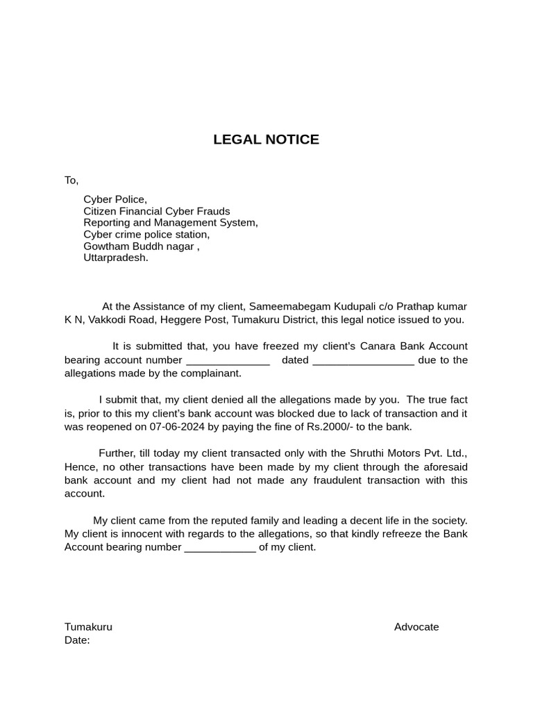Legal Notice for Account Unfreeze Request | PDF