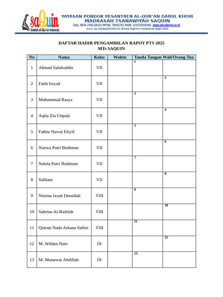 Daftar Hadir Pengambilan Rapot PTS 2025 | PDF
