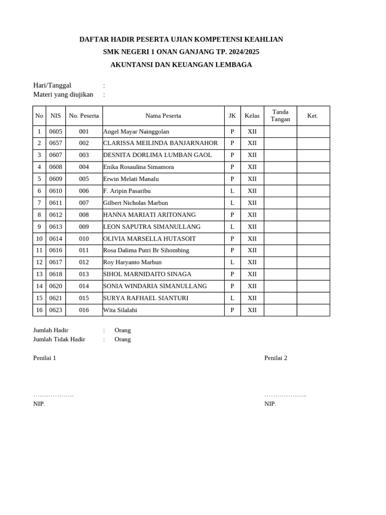 Daftar Hadir Peserta UKK 2025 | PDF