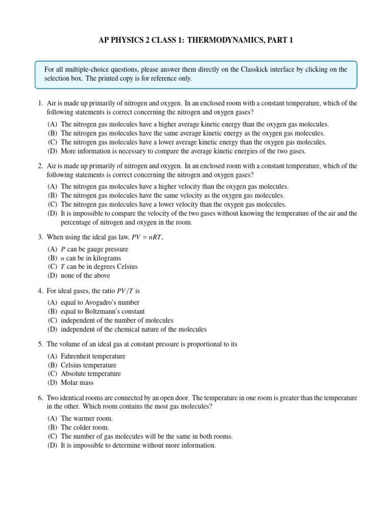 Class01 AP2 Physics Homework | PDF | Gases | Temperature