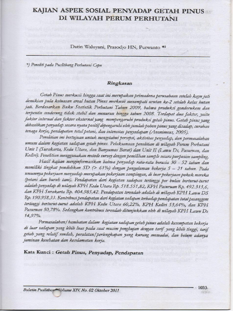 Kajian Aspek Sosial Penyadap Getah Pinus Di Wilayah Perum Perhutani | PDF