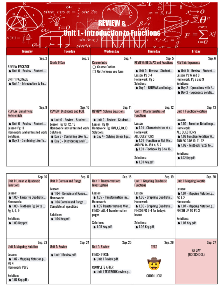 MCF3M1 - Calendar - Unit 1 - Introduction to Functions 2024_2025 | PDF | Function (Mathematics ...