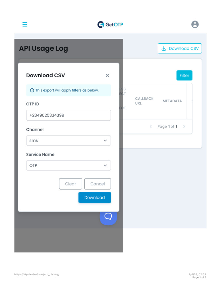 OTP API Usage Log Export Details | PDF