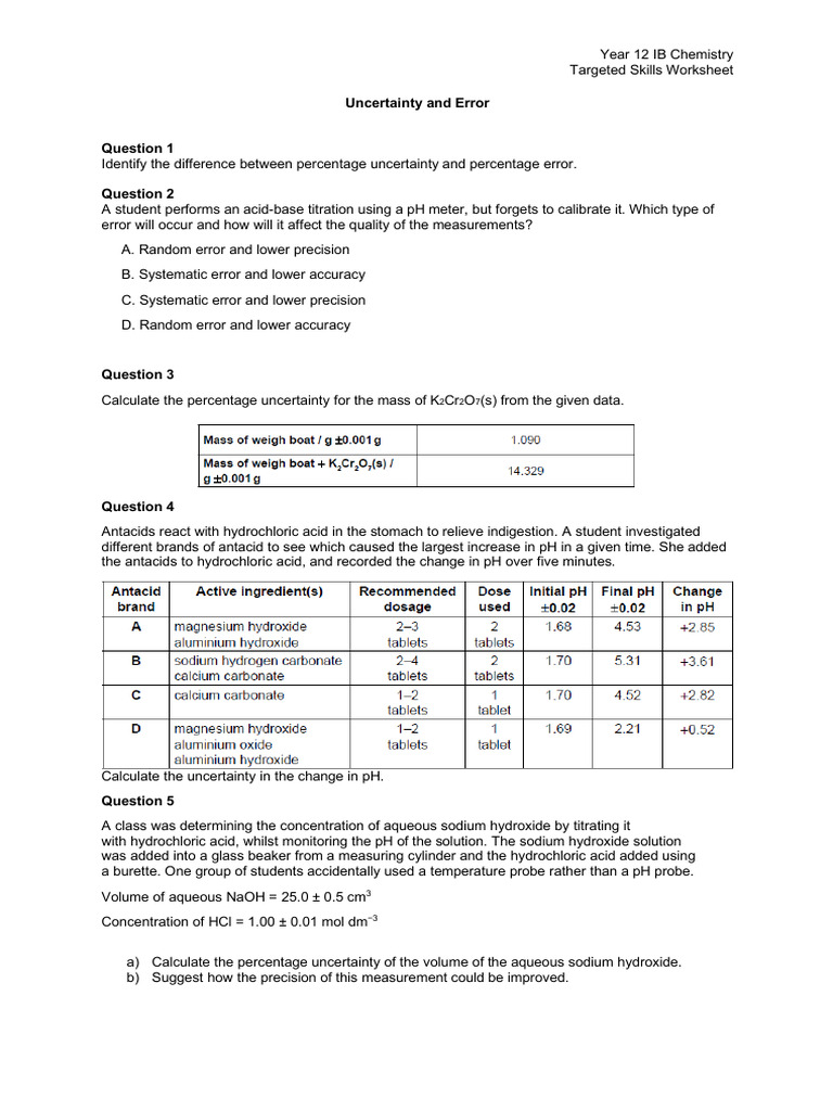 Uncertainty and Error Worksheet | PDF | Ph | Titration