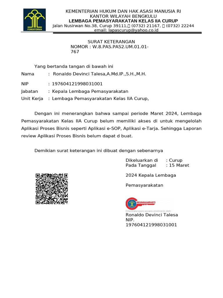Surat Keterangan Belum Ada Penerapan Aplikasi Proses Bisnis Di Lapas Kelas IIA Curup ...