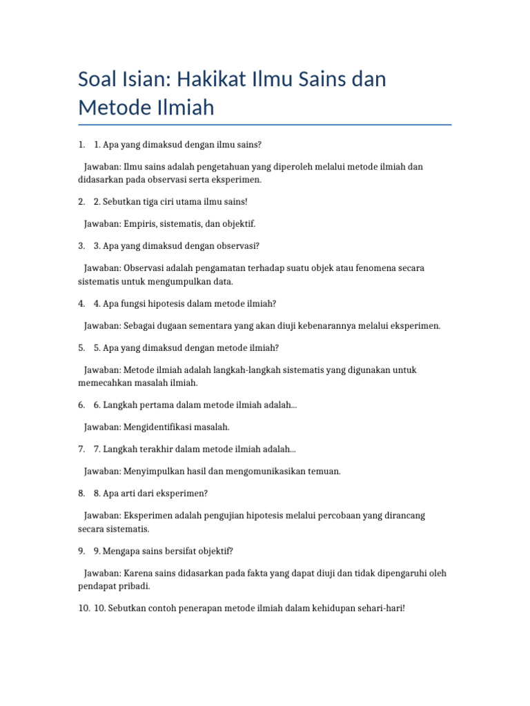 Soal Isian Ilmu Sains Dan Metode Ilmiah | PDF
