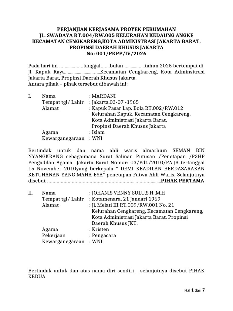 PERJANJIAN KERJASAMA PROYEK PERUMAHAN - 3 Revisi Ke 4 | PDF