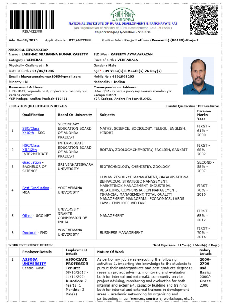 Nirdpr-Project Officer Research Application Form | PDF | Employment | Professor