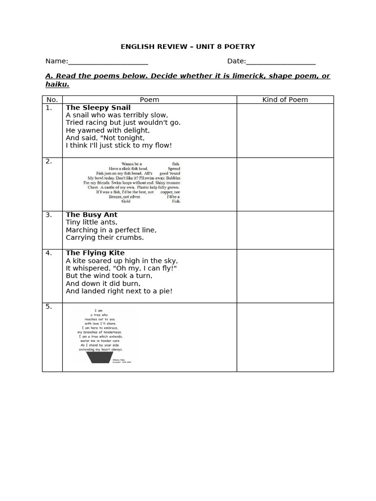 ENGLISH REVIEW Unit 8 Poetry | PDF | Linguistics