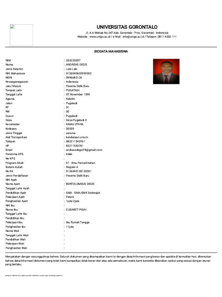 Biodata Mahasiswa | PDF