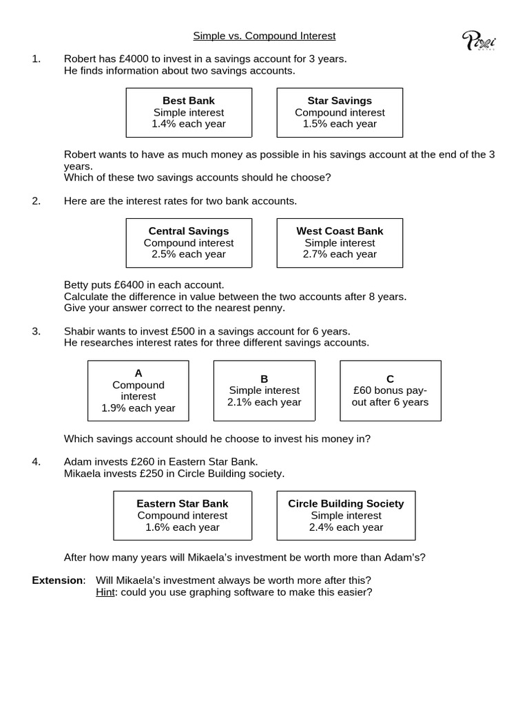 Simple Vs Compound Interest Worksheet | PDF