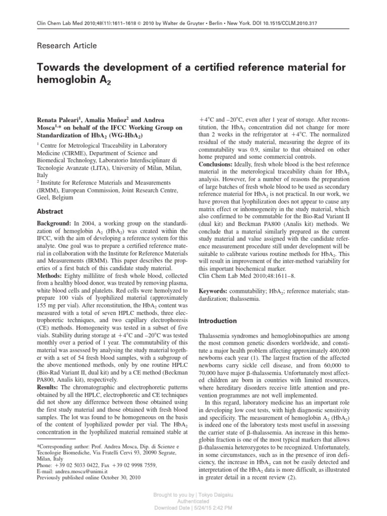 Certified Reference Material for HbA2 | PDF | Glycated Hemoglobin ...