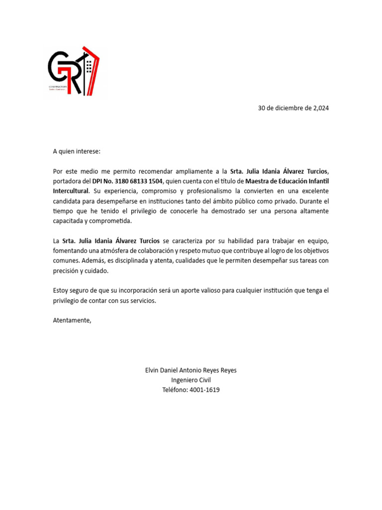 CARTA DE RECOMENDACIÓN Idania | PDF