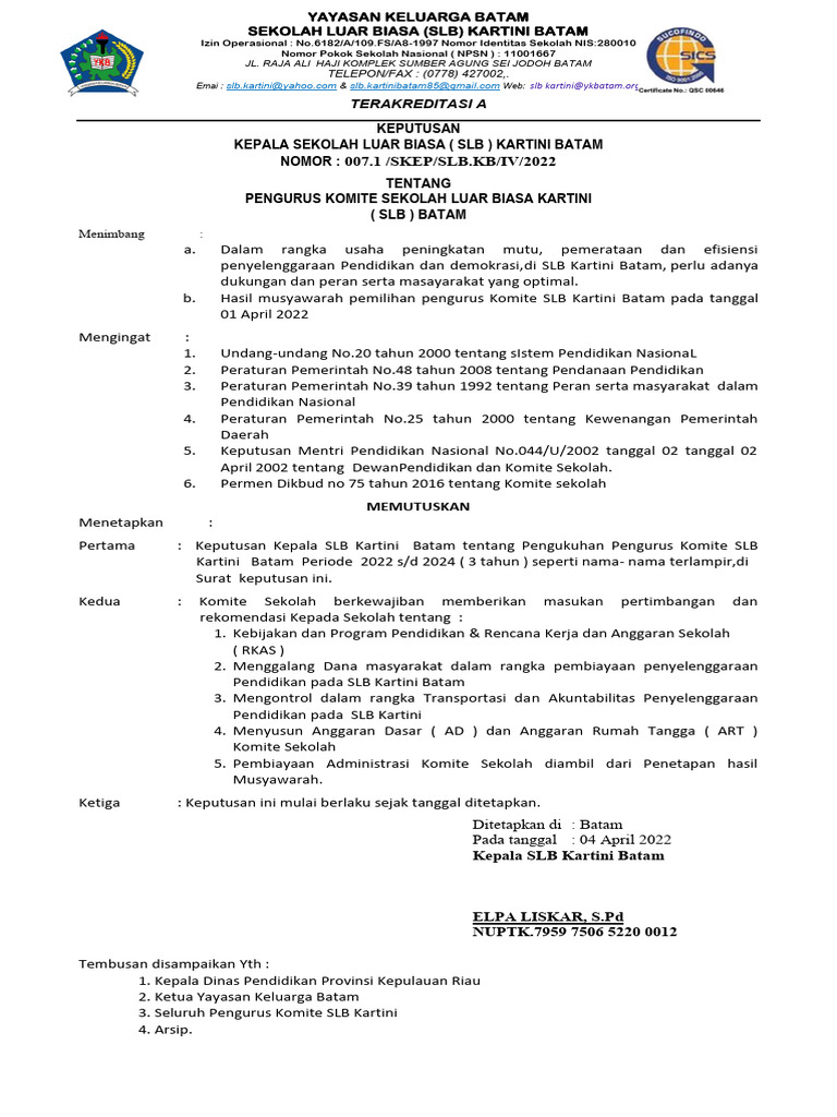 Pengurus Komite SLB Kartini Batam 2022-2024 | PDF