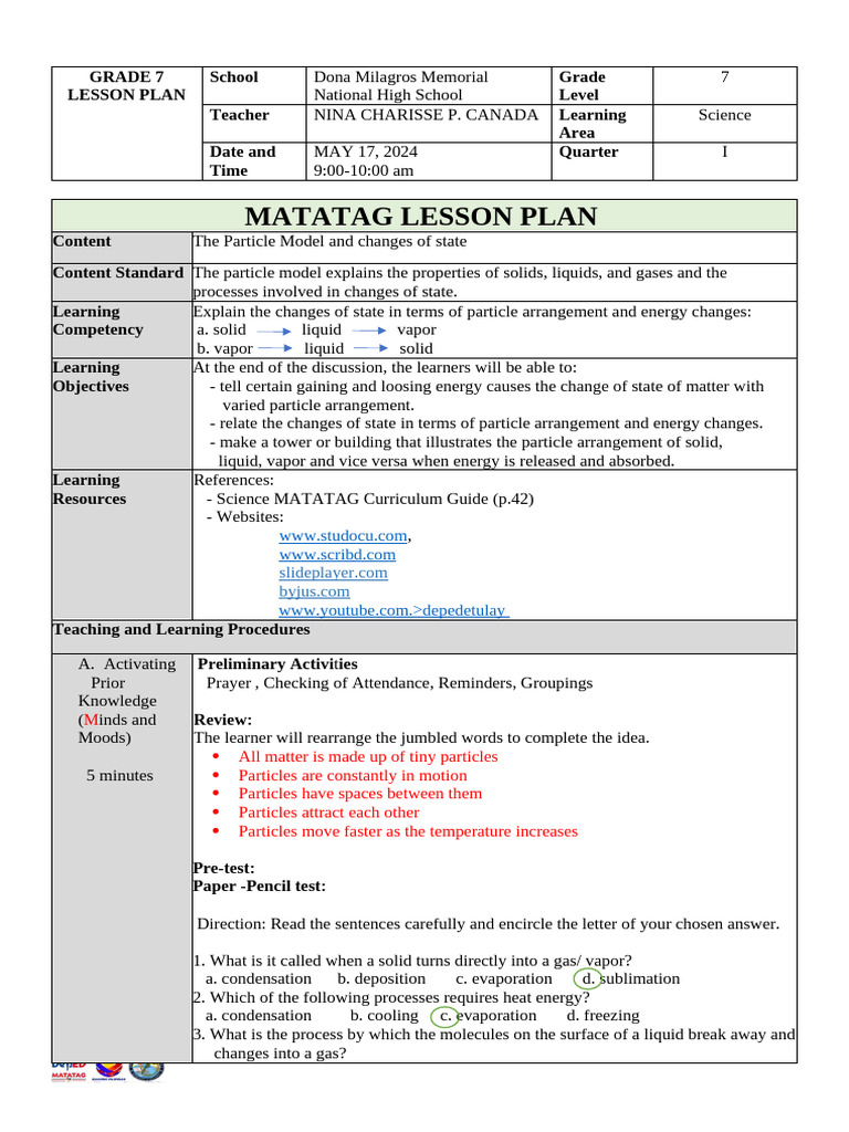 MATATAG LESSON PLAN For Demo Nina CPC | PDF | Evaporation | Phase (Matter)
