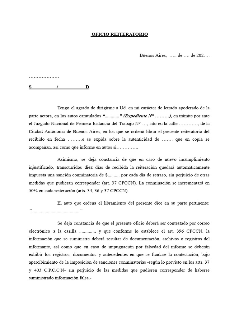 Oficio Reiteratorio Caba - Laboral | PDF | Justicia | Crimen y violencia