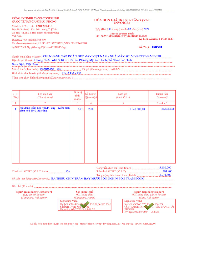 Hóa Đơn Giá Trị Gia Tăng (Vat Invoice) : Công Ty Tnhh Cảng Container ...